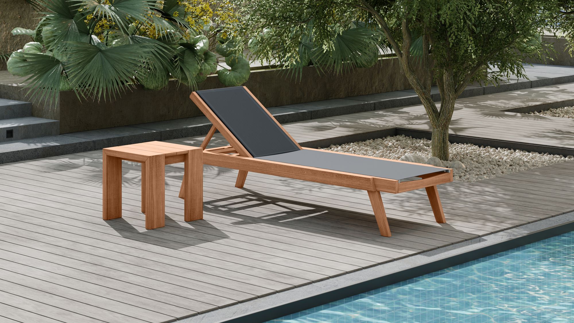 Meridian Tulum Patio Mesh/Solid Teak Wood Sun Lounger, Black
