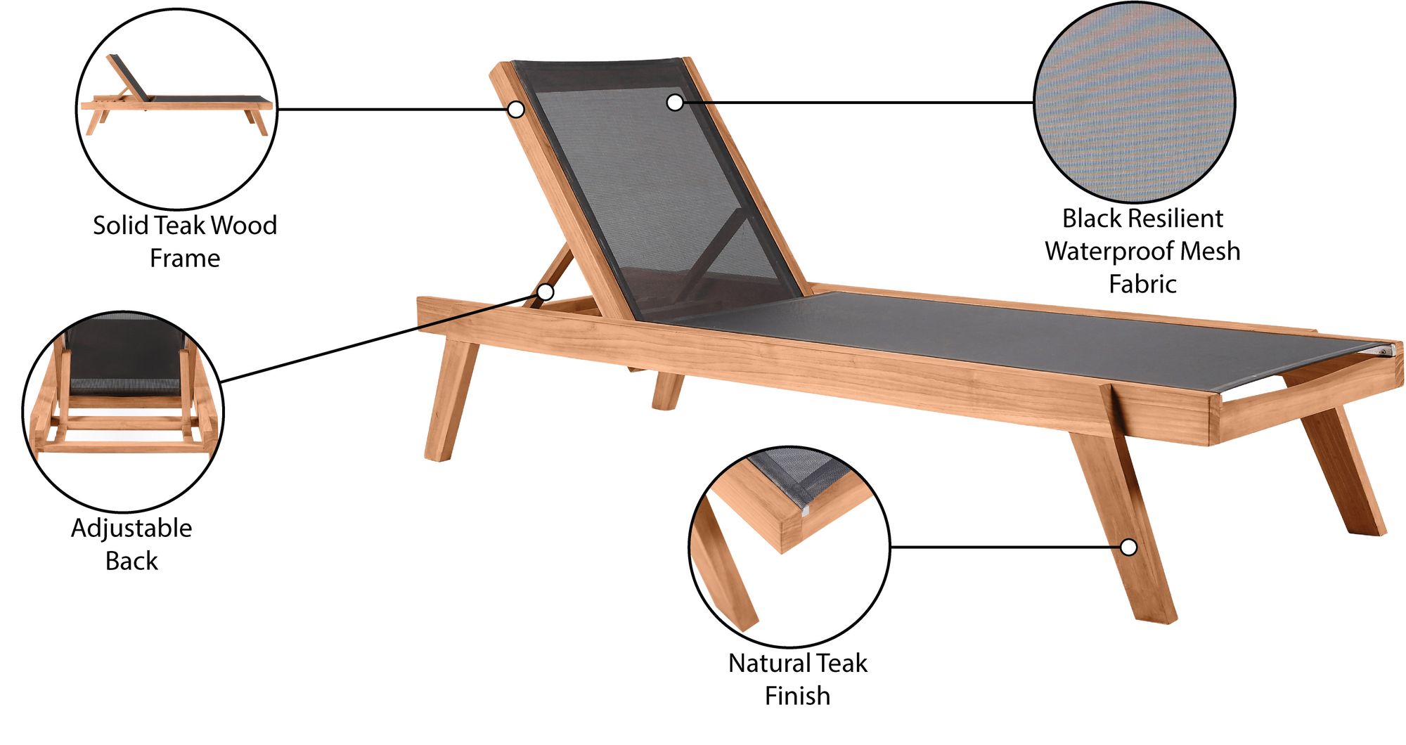 Meridian Tulum Patio Mesh/Solid Teak Wood Sun Lounger, Black