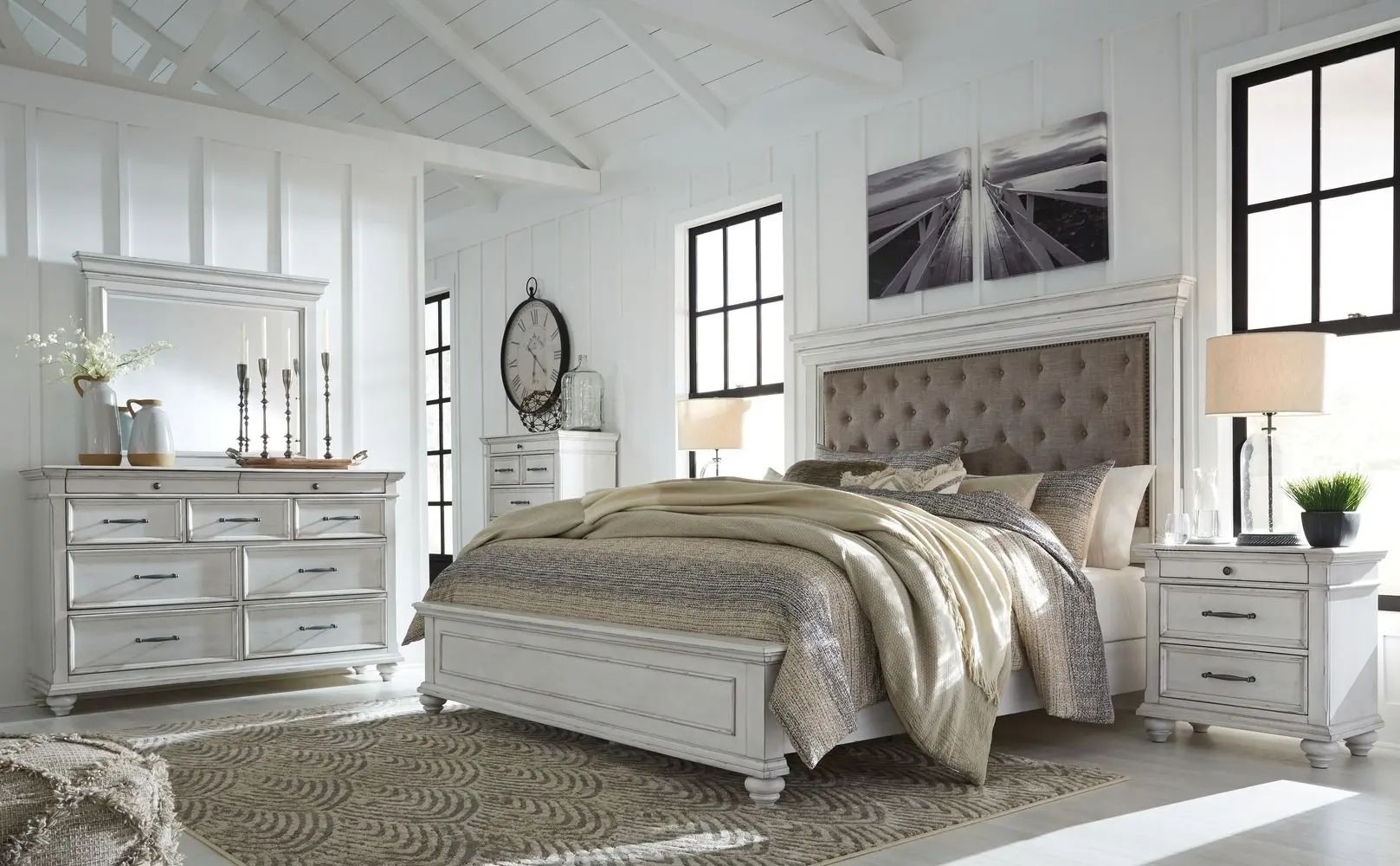 Ashley Kanwyn Fabric Panel Bedroom Set, White/Brown