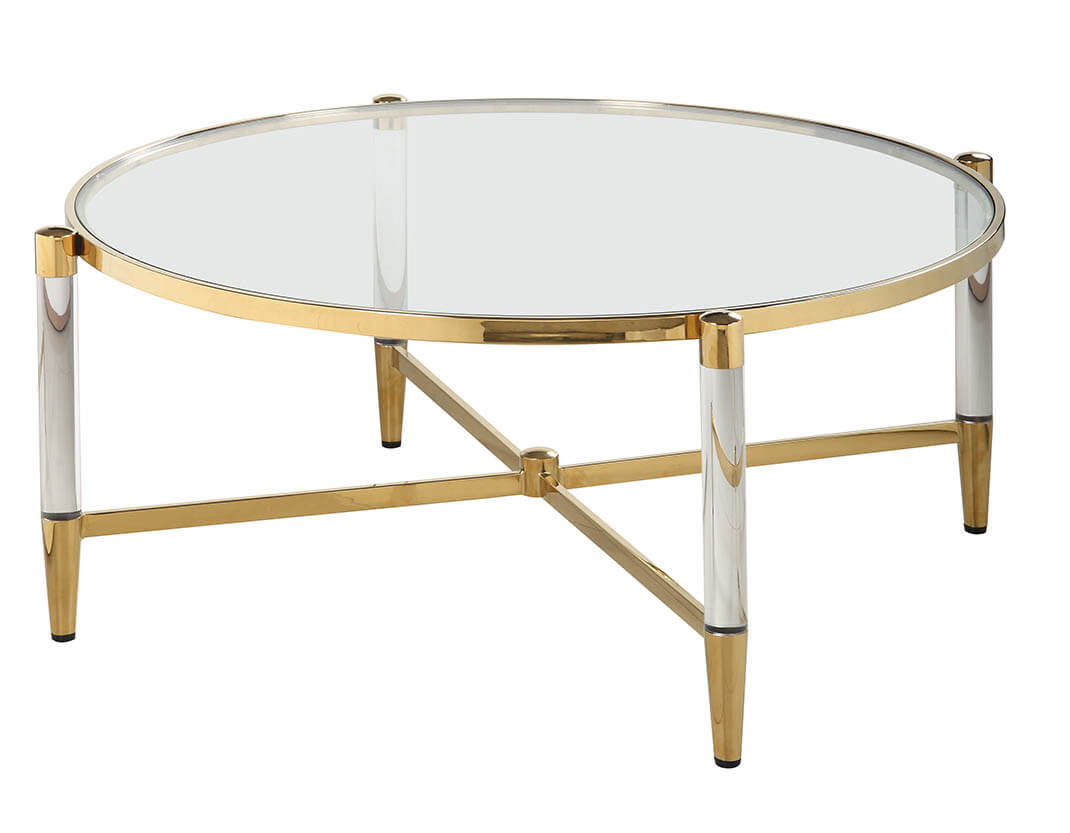 Chintaly Imports Denali Round Glass Cocktail Table, Clear/Brass