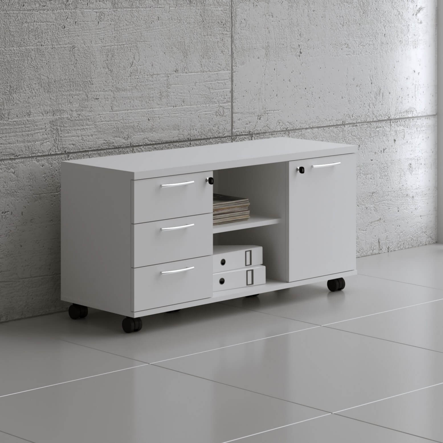 Standard Office Managerial Cabinet w/3 Drawers, 2 Open Shelves & Door ...