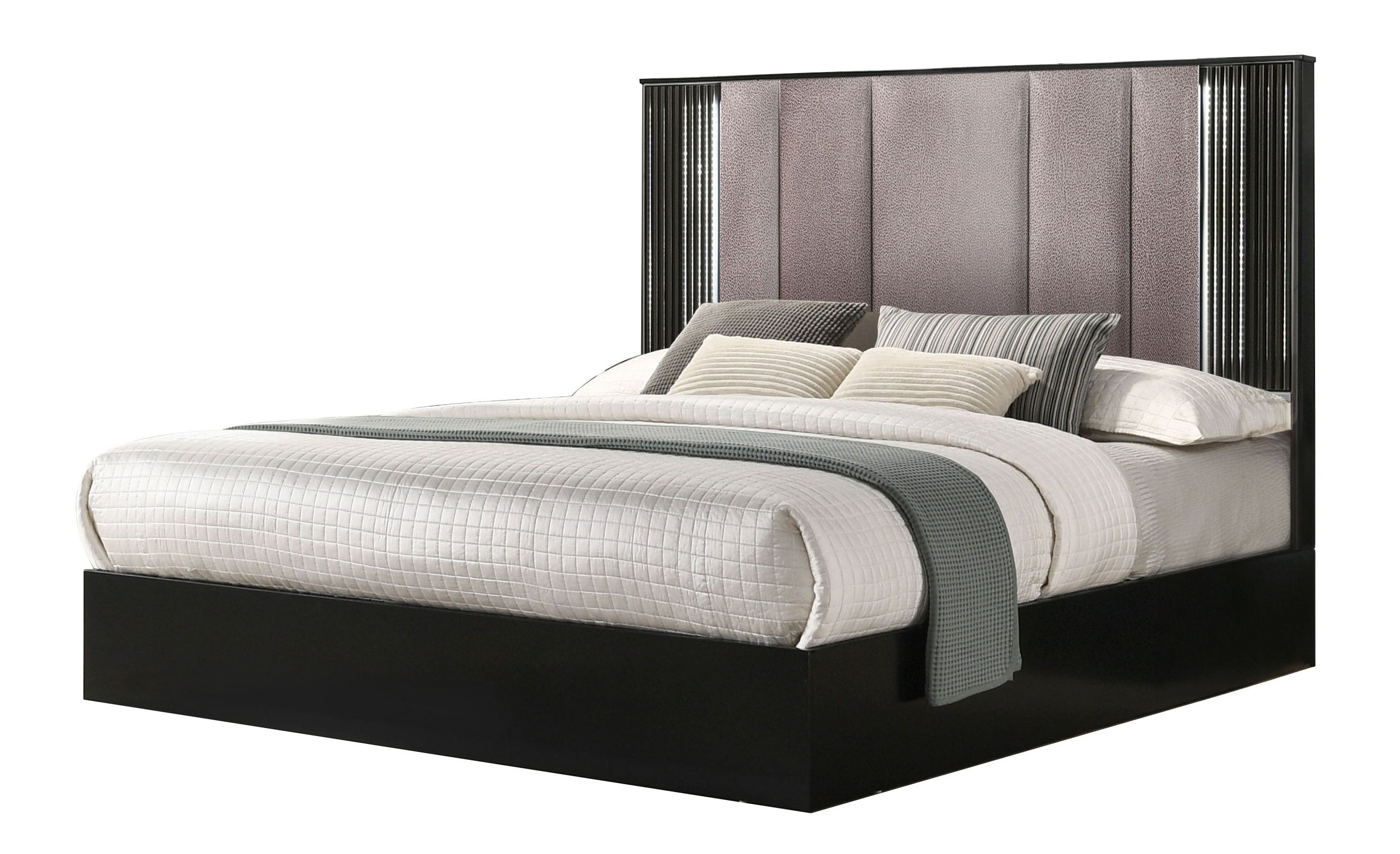 J&M Rosette Leatherette Bedroom Set w/LED, Black/Grey