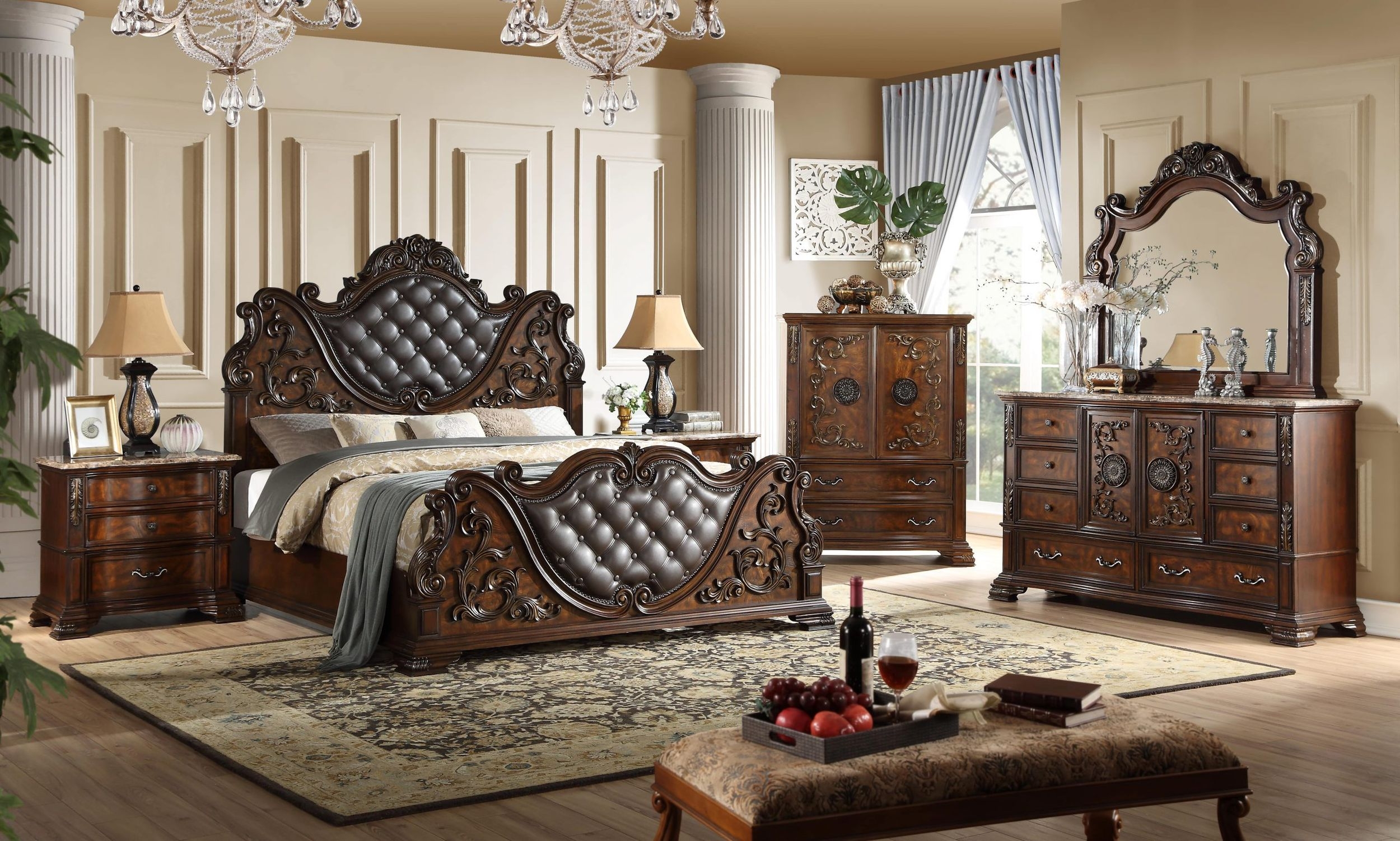 Cosmos Santa Monica Bedroom Set w/Leatherette Headboard, Cherry