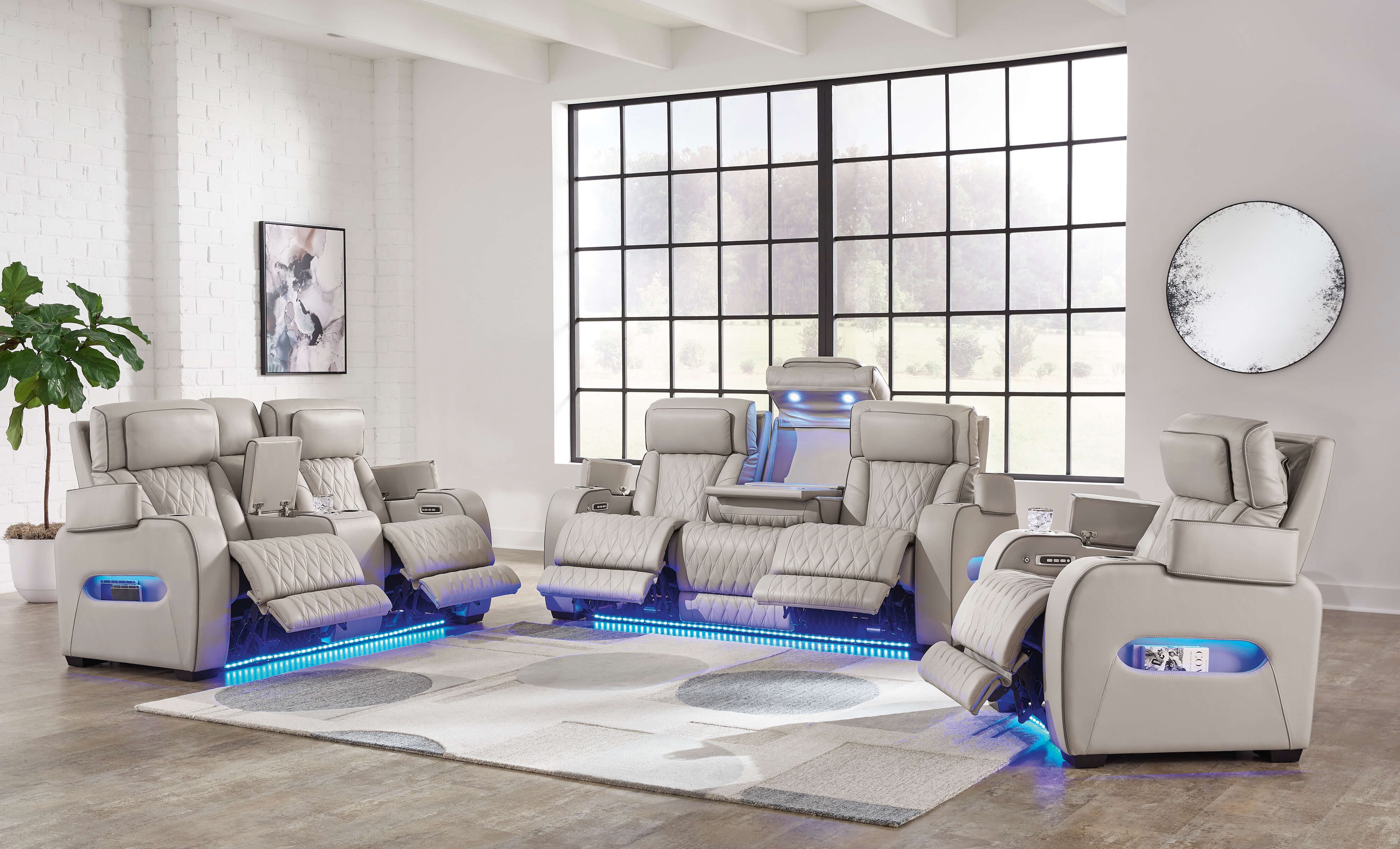 Ashley SM Boyington Leather Power Reclining LED Living Room Set, Gray